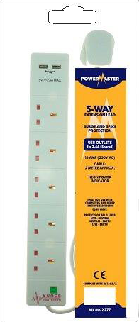 POWERMASTER 5 GANG 2 MTR SURGE PROTECTION EXTENSION LEAD WITH 2 USB OU ...
