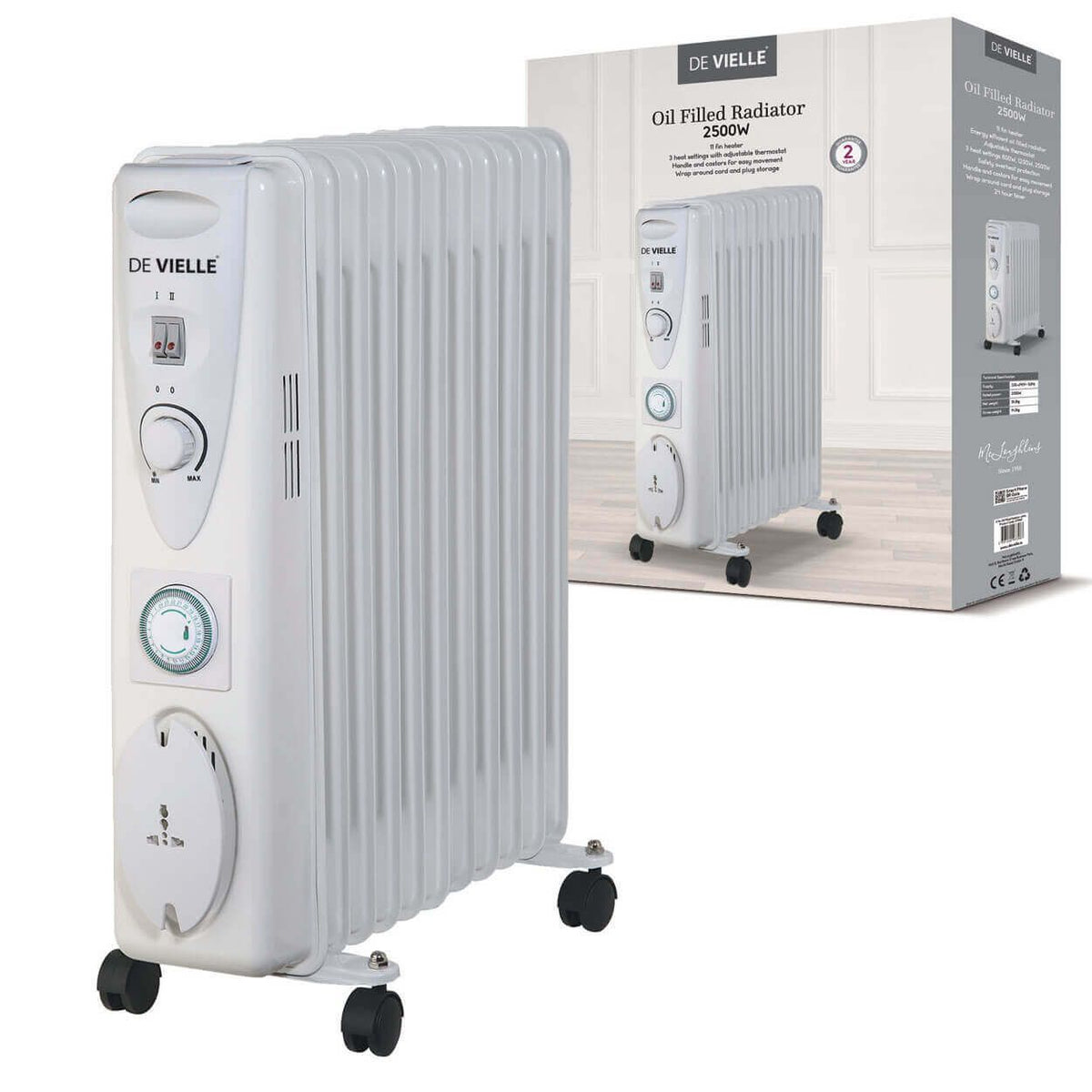 De Vielle 11 Fin 2.5kw Premium Oil Filled Radiator with Timer - White ...