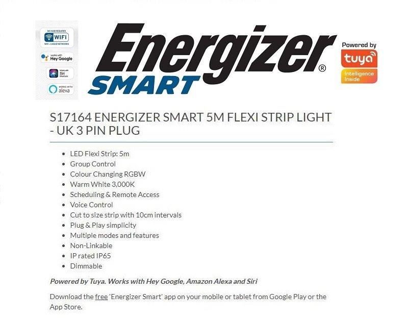 ENERGIZER 5 METRE LED ''SMART'' COLOUR CHANGING FLEXI STRIP ...